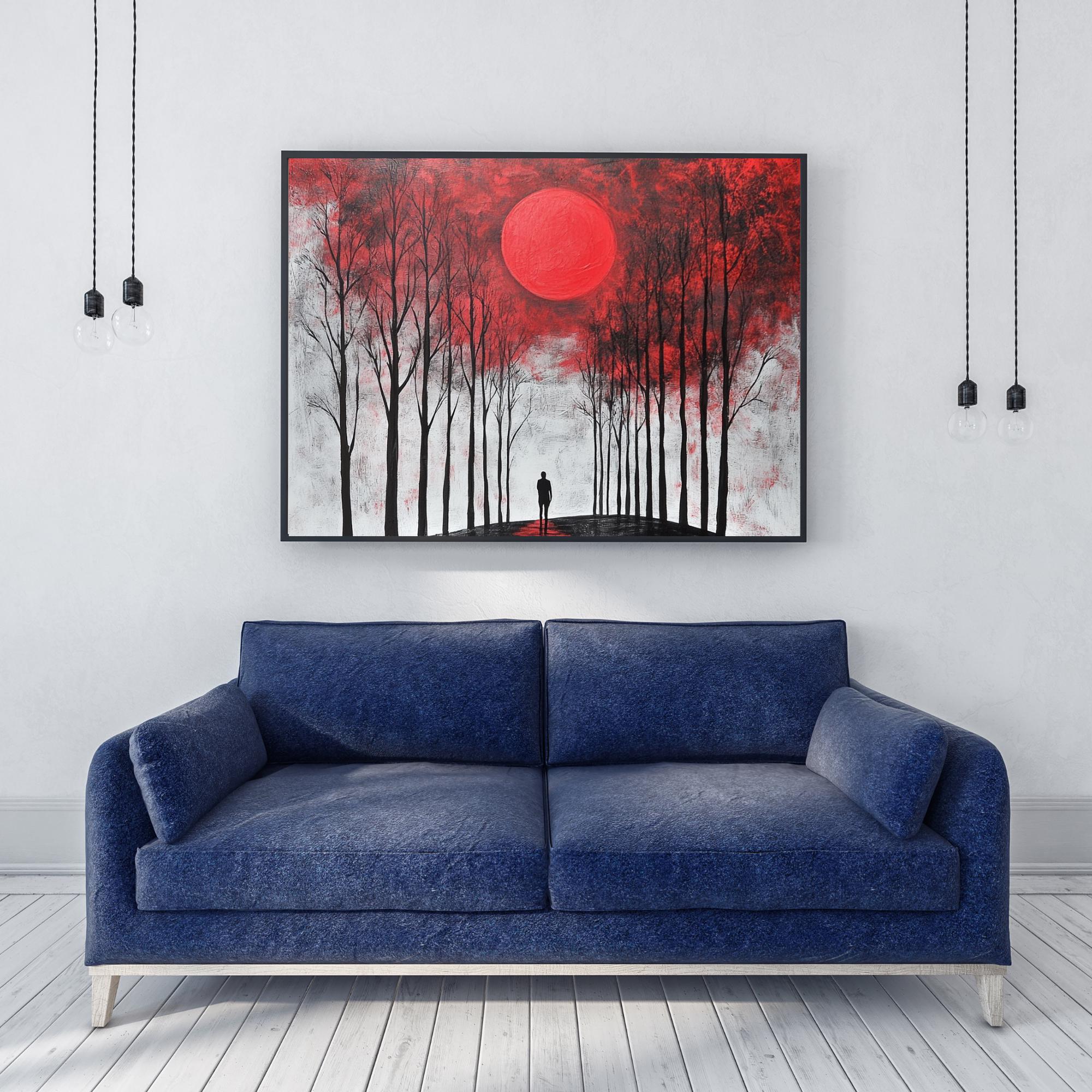 Red Moon Art, Dark Tree Art, Red Black Forest, Abstract Tree Art, Red Tree Art, Night Forest Art ...