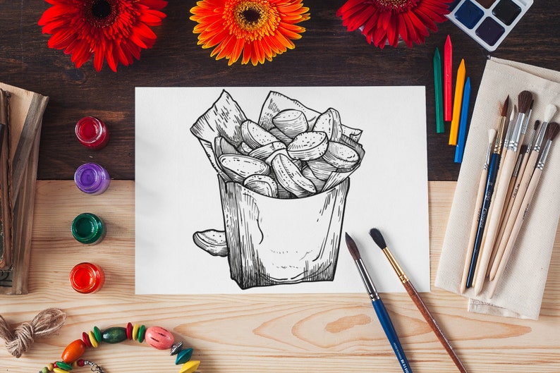 Set of 7 Coloring Pages, Chips Coloring Book, Food Coloring Pages ...