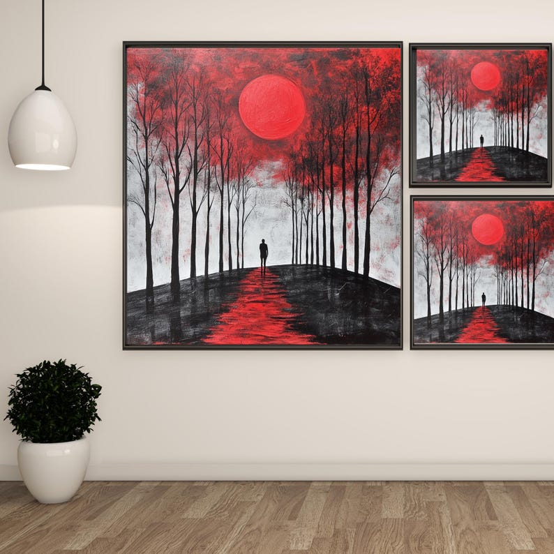 Red Moon Art, Dark Tree Art, Red Black Forest, Abstract Tree Art, Red ...