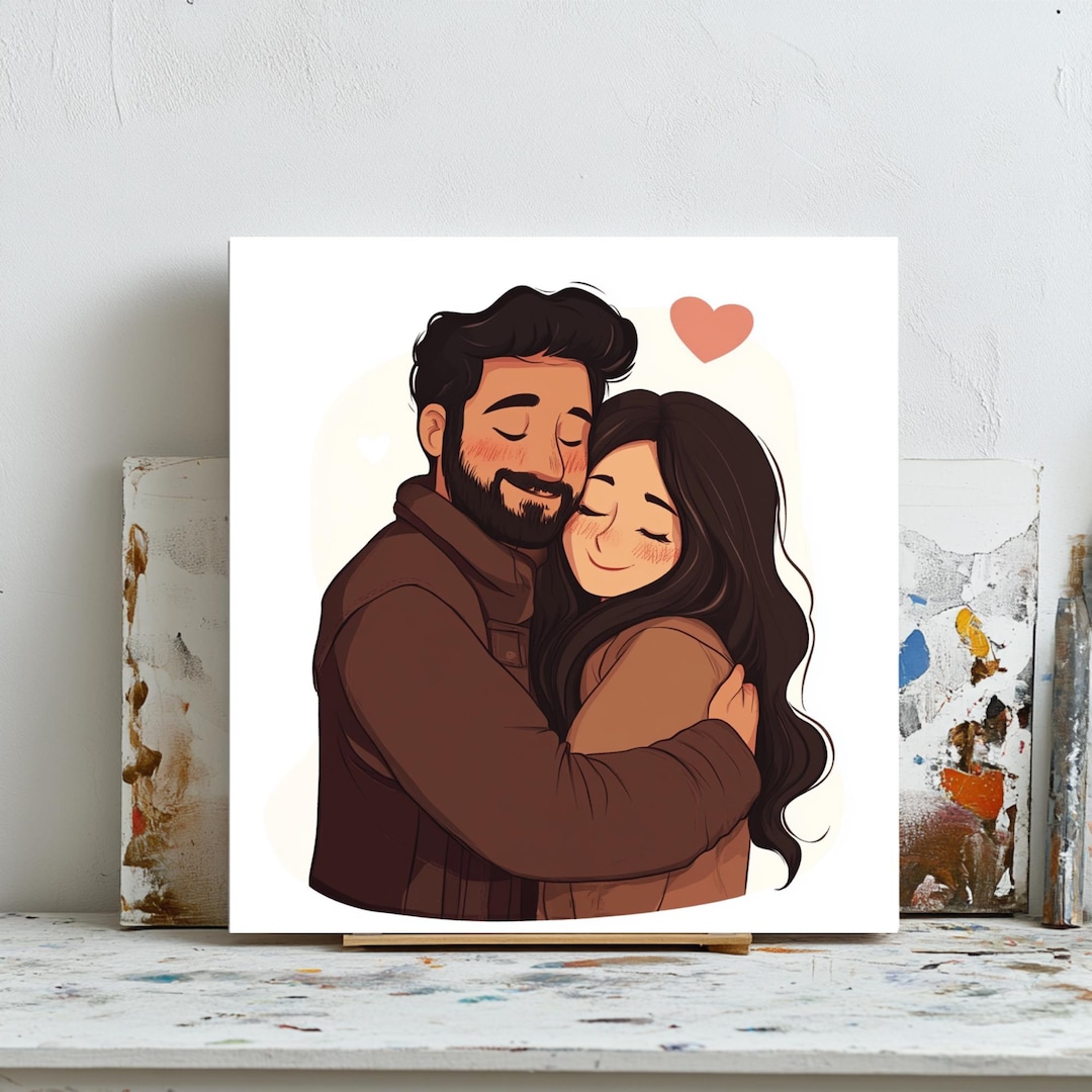 Romantic Couple Hug Art Canvas or Poster Cute Love Illustration Cozy ...