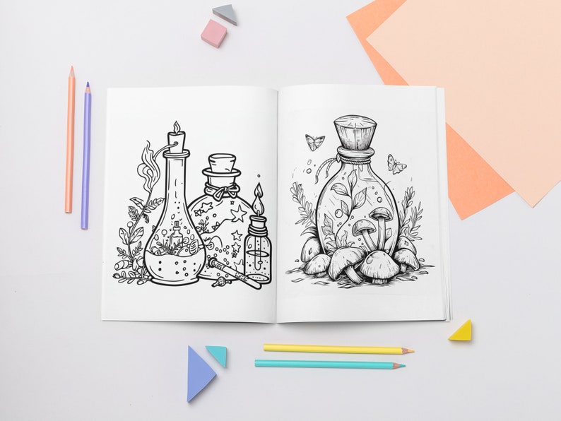 Set of 12 Coloring Pages, Magic Potion Coloring, Spell Book, Potion ...