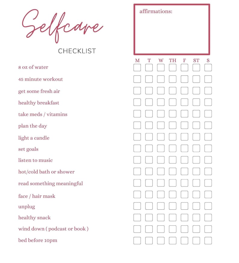 Printable Selfcare Checklist - Etsy