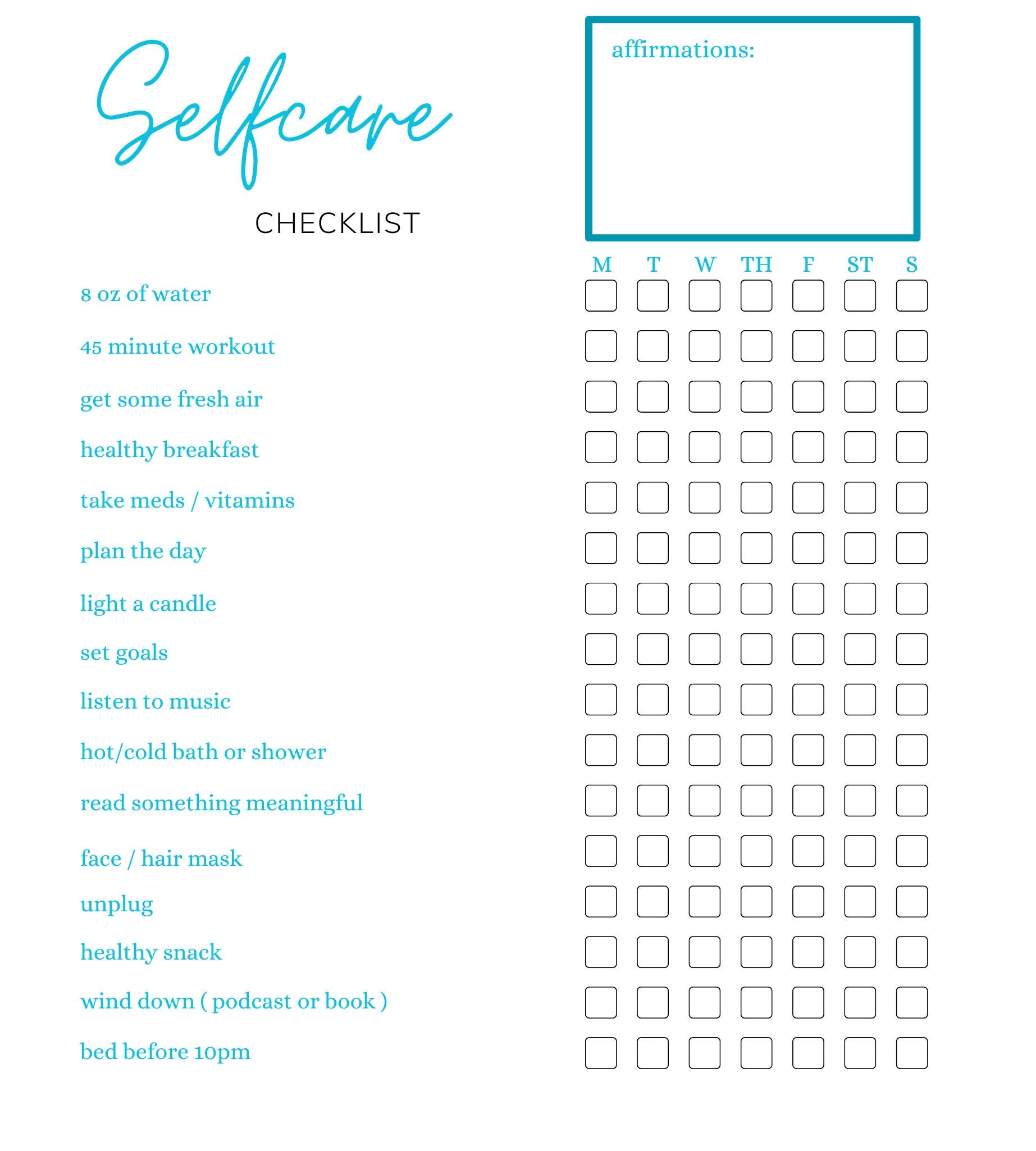 Printable Selfcare Checklist - Etsy