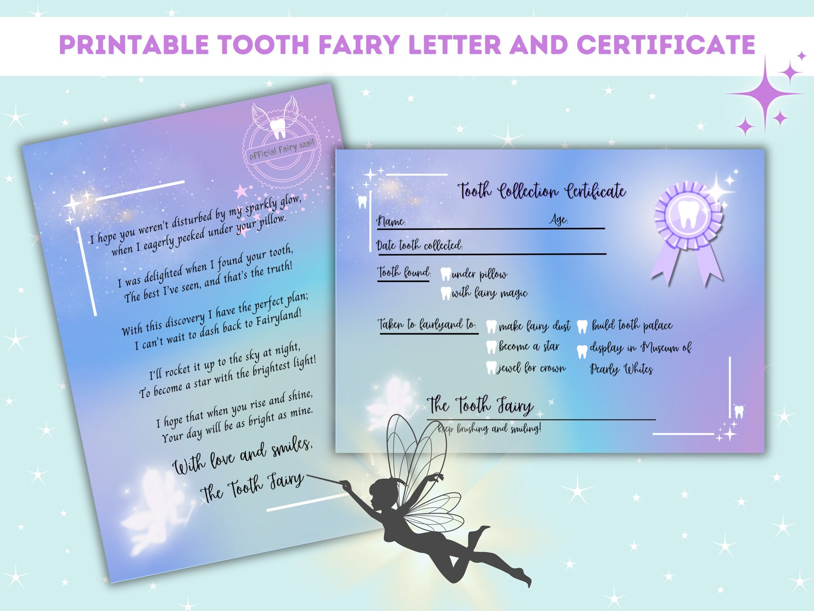 Printable Tooth Fairy Letter & Certificate Blue | Instant Digital ...