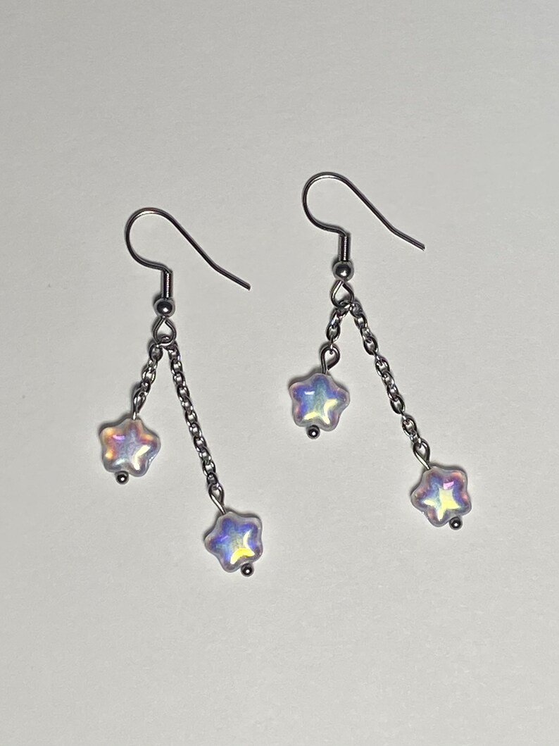 Handmade Holographic Y2K Silver Star Drop Chain Earrings Cute ...