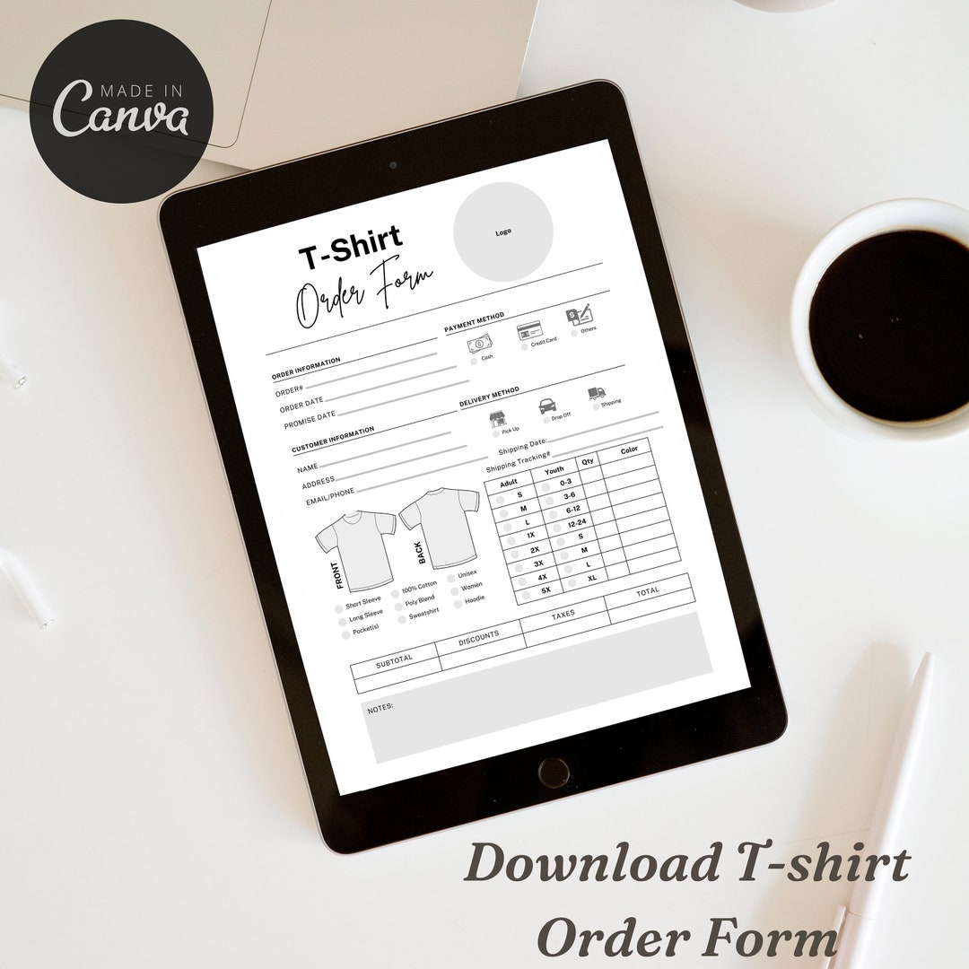 Shirt Order Form, Shirt Order Form Template, T-shirt Order Form, Custom ...