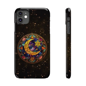 Celestial Stained Glass Moon and Stars Phone Case, Faux Stain Glass Starry Night Sky, iPhone 15 ...
