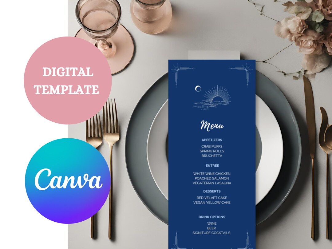 Rising Sun Celestial Wedding Dinner Menu Canva Templates Dark Blue - Etsy