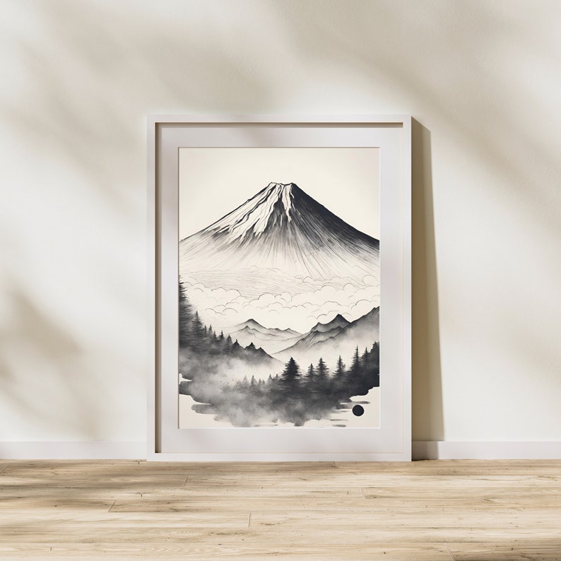 Mount Fuji Print: Minimalist Black and White Japan Art (digital ...