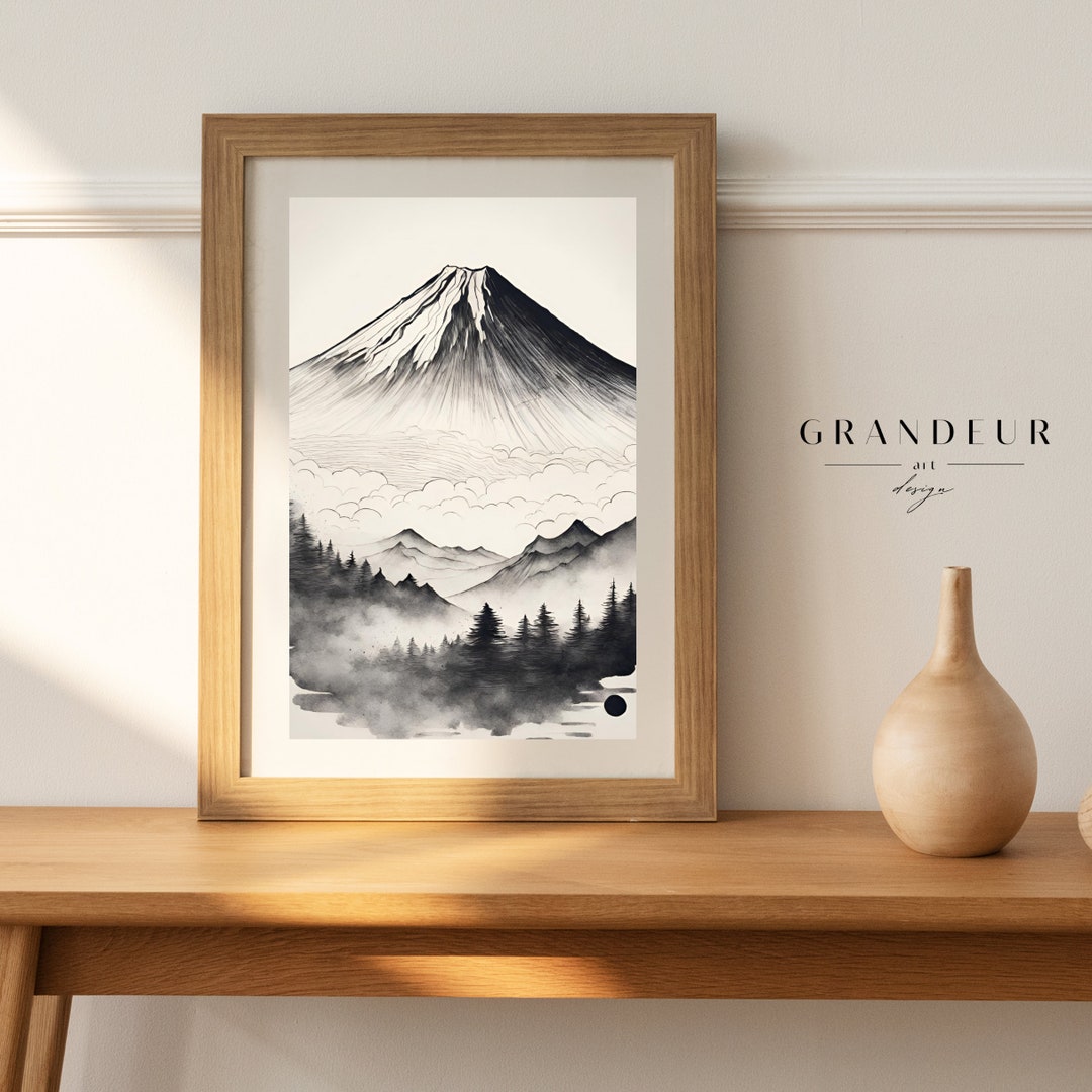 Mount Fuji Print: Minimalist Black and White Japan Art (digital ...