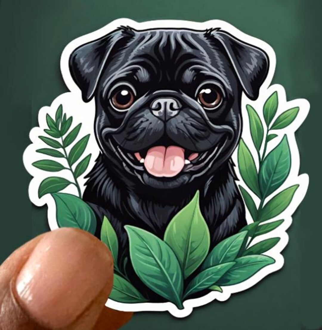 Cute Black Pug Dog Vinyl Sticker, Dogs and Plants, Black Pug Sticker ...