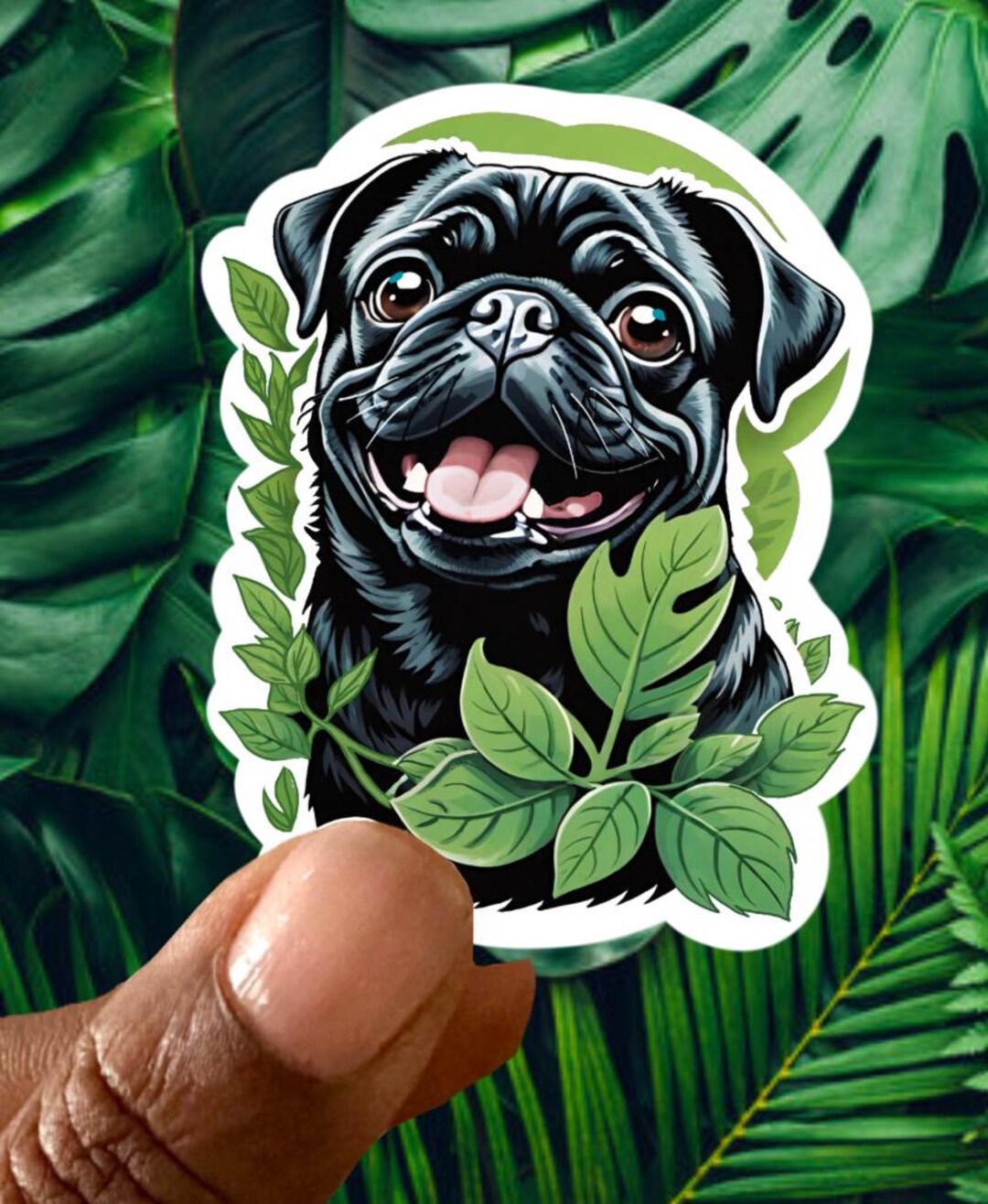 Cute Happy Black Pug Dog Vinyl Sticker, Dogs and Plants, Black Pug ...