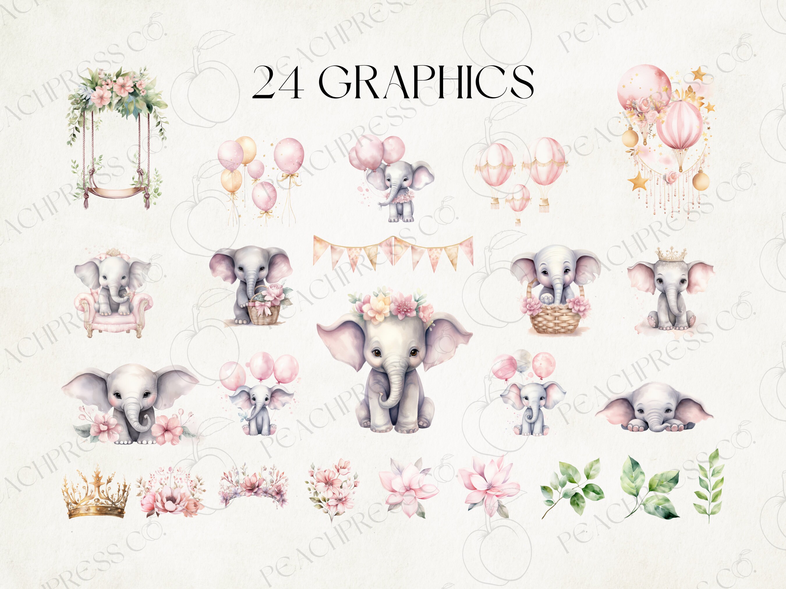 Elephant Clipart, Cute Pink Elephant, Baby Elephant, Nursery Elephant ...