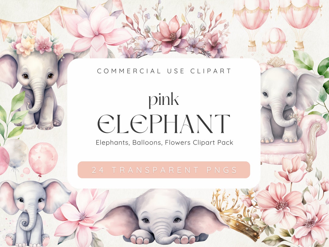 Elephant Clipart, Cute Pink Elephant, Baby Elephant, Nursery Elephant ...