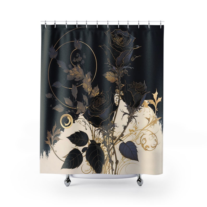Gothic Decor Bathroom, Black and Gold Roses Shower Curtain, New Home ...