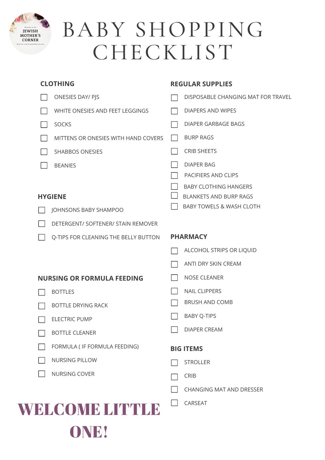 Baby's Shopping Checklist Printable - Etsy