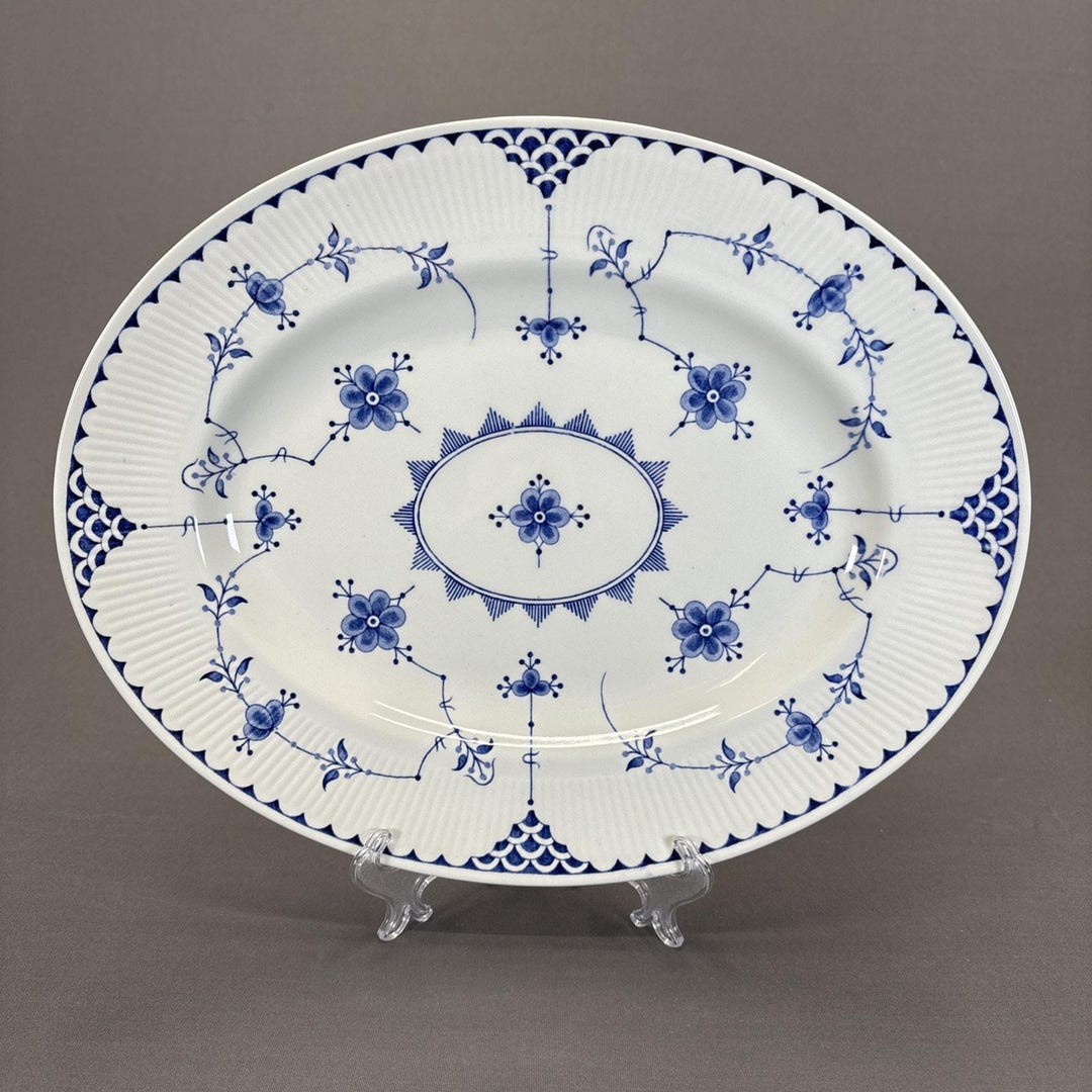 Furnivals Limited Denmark Blue Oval Serving Platter 14 Ribbed Rim ...