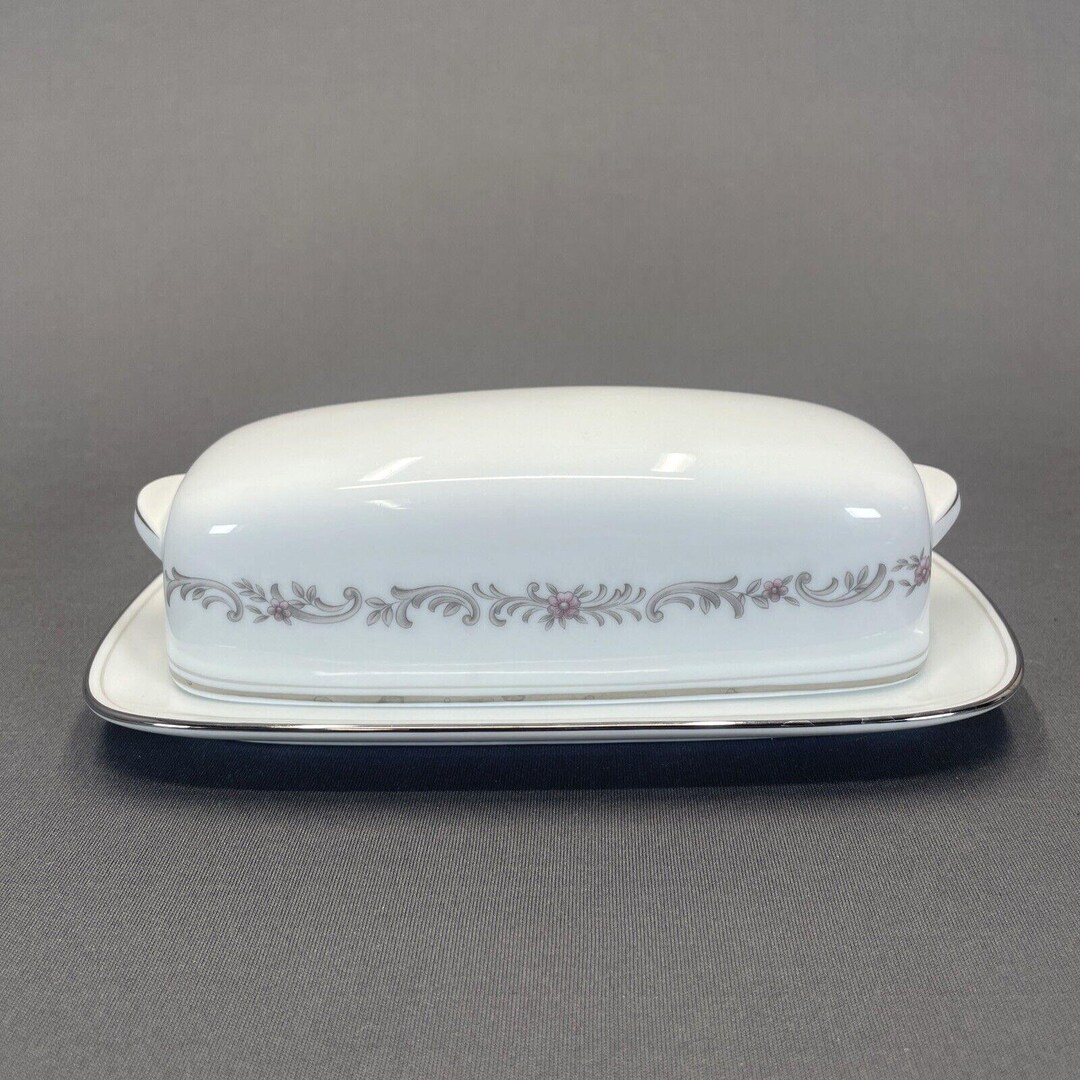 Noritake Corona #6502 Covered Butter Dish 7 7/8" Platinum Trim Floral ...
