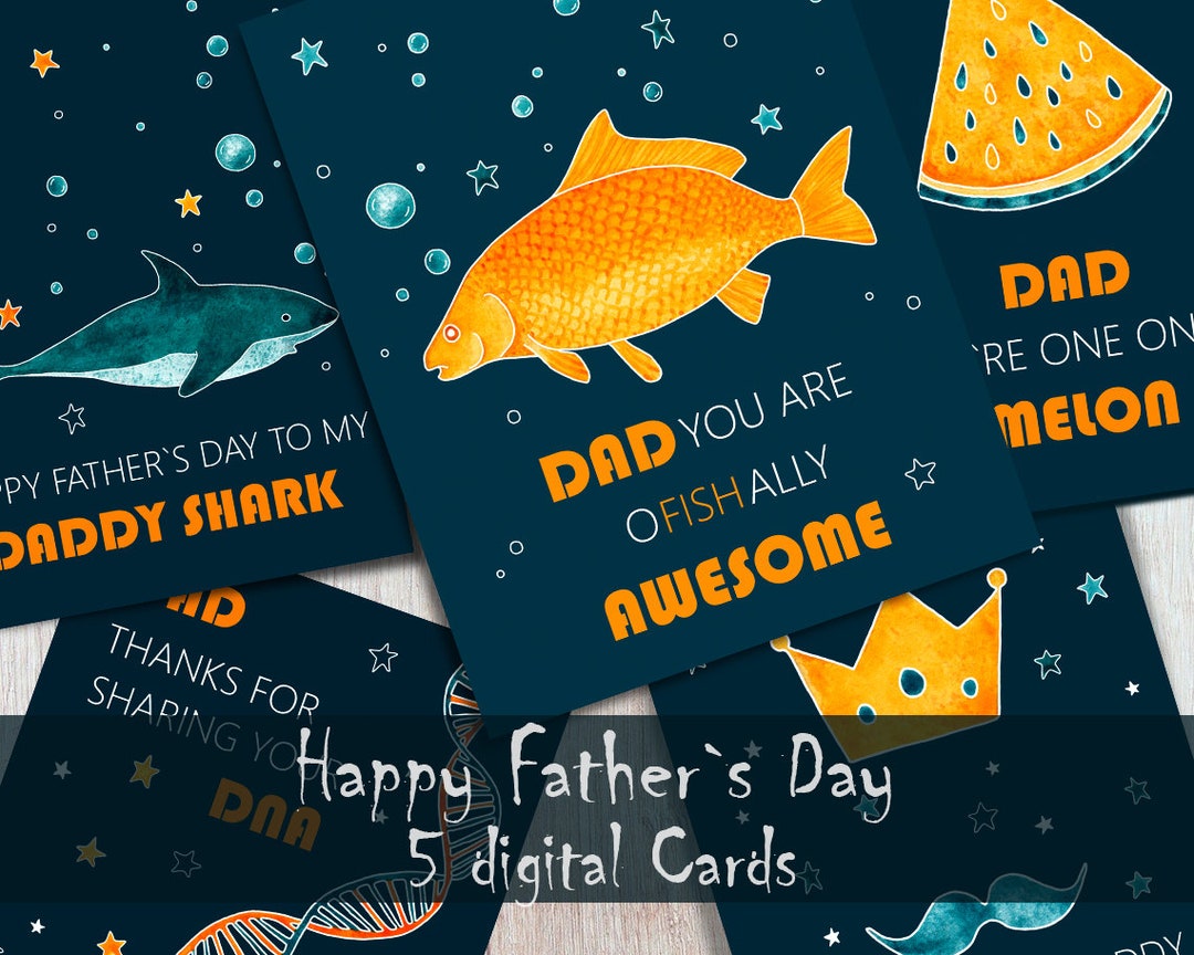Digital Happy Father's Day Greeting Postcards With Fish Carp, Shark ...