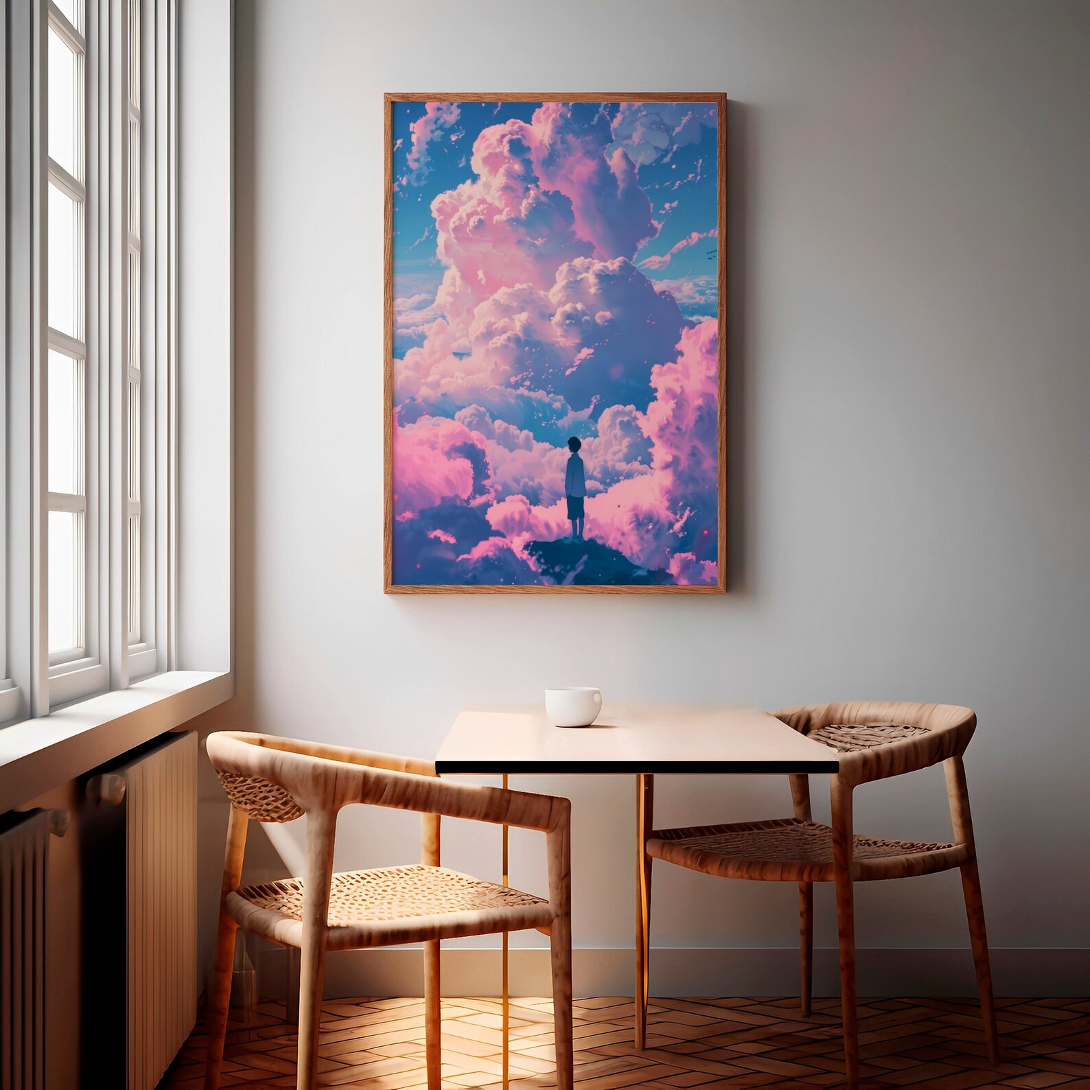 Anime Style Pink Sky & Reflective Nature Wall Art - Whimsical Skyline ...