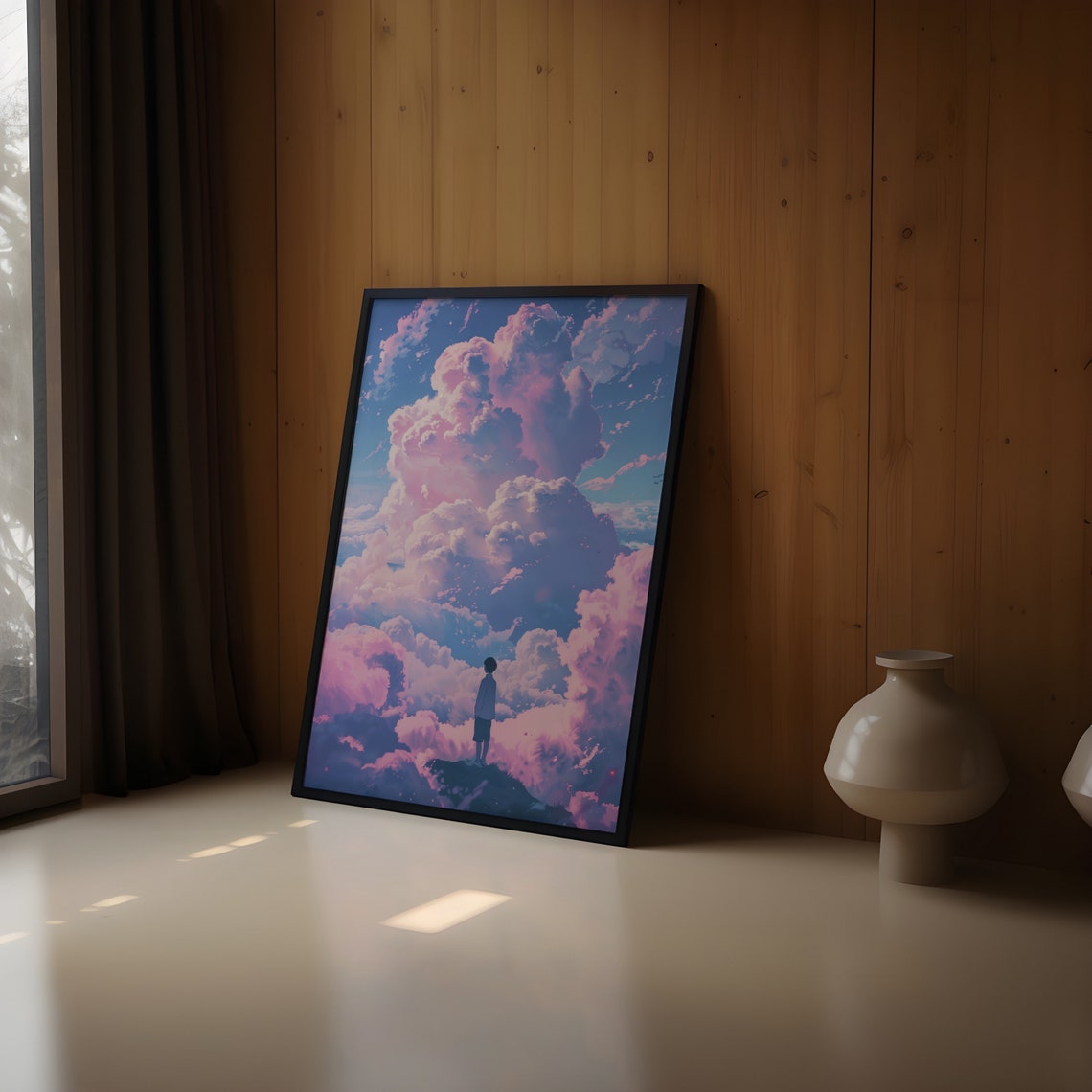 Anime Style Pink Sky & Reflective Nature Wall Art - Whimsical Skyline ...
