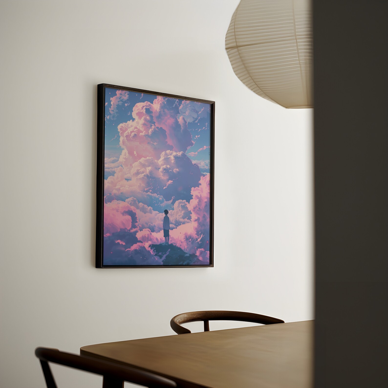 Anime Style Pink Sky & Reflective Nature Wall Art - Whimsical Skyline ...