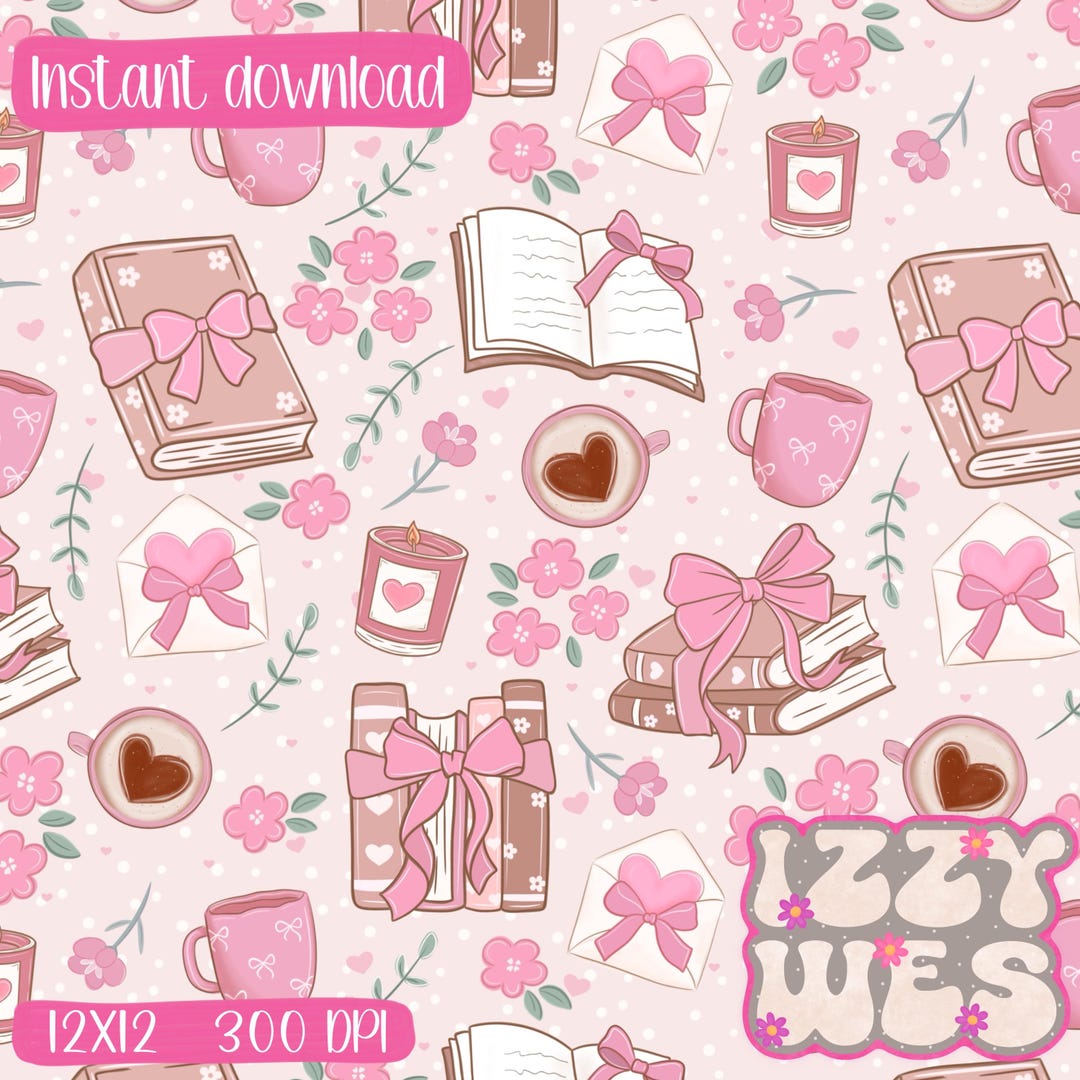 Coquette Bookish Seamless Pattern Download | Hand Drawn Coffee and ...
