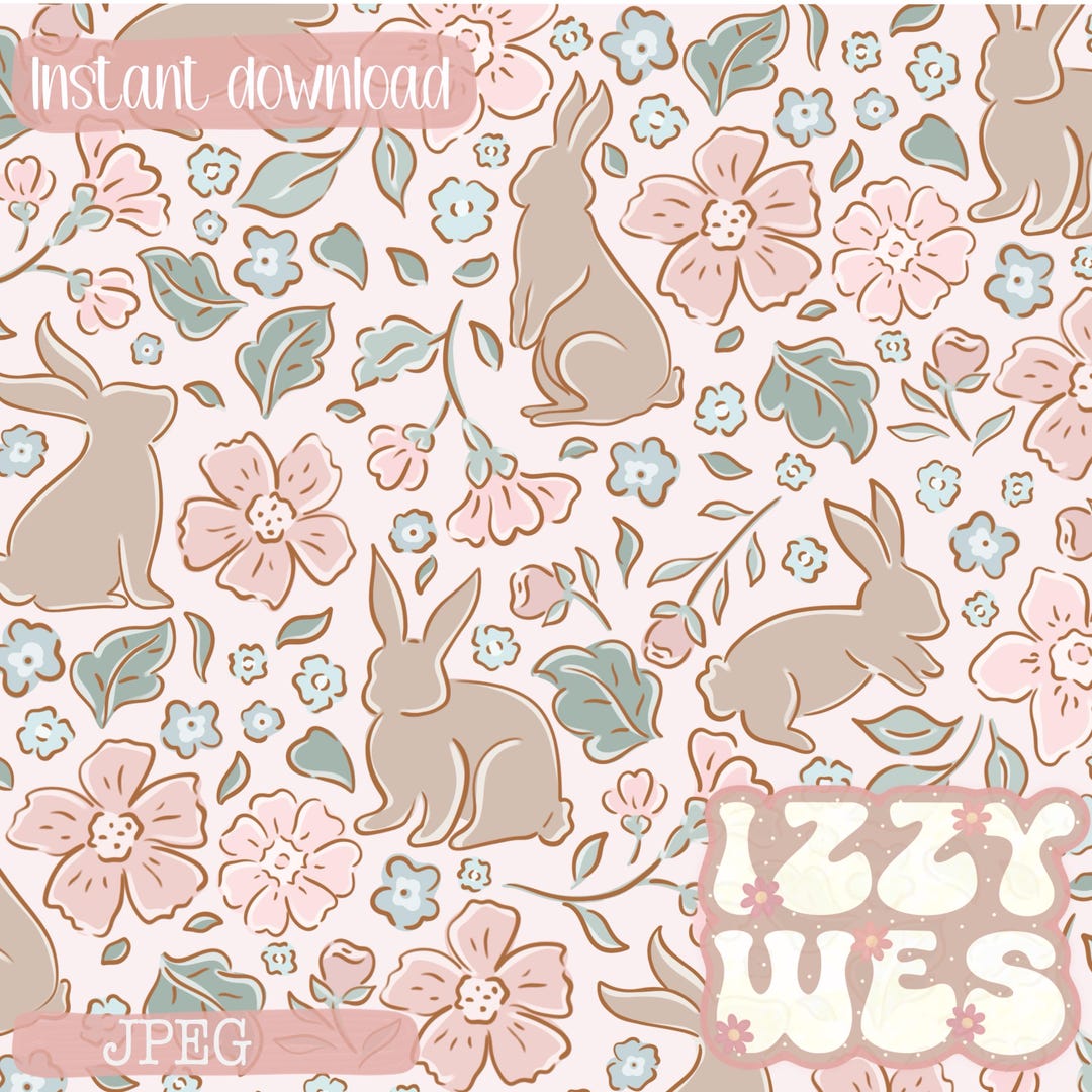 Floral Easter Bunny Seamless Digital Pattern Download Hand Drawn Bunny ...