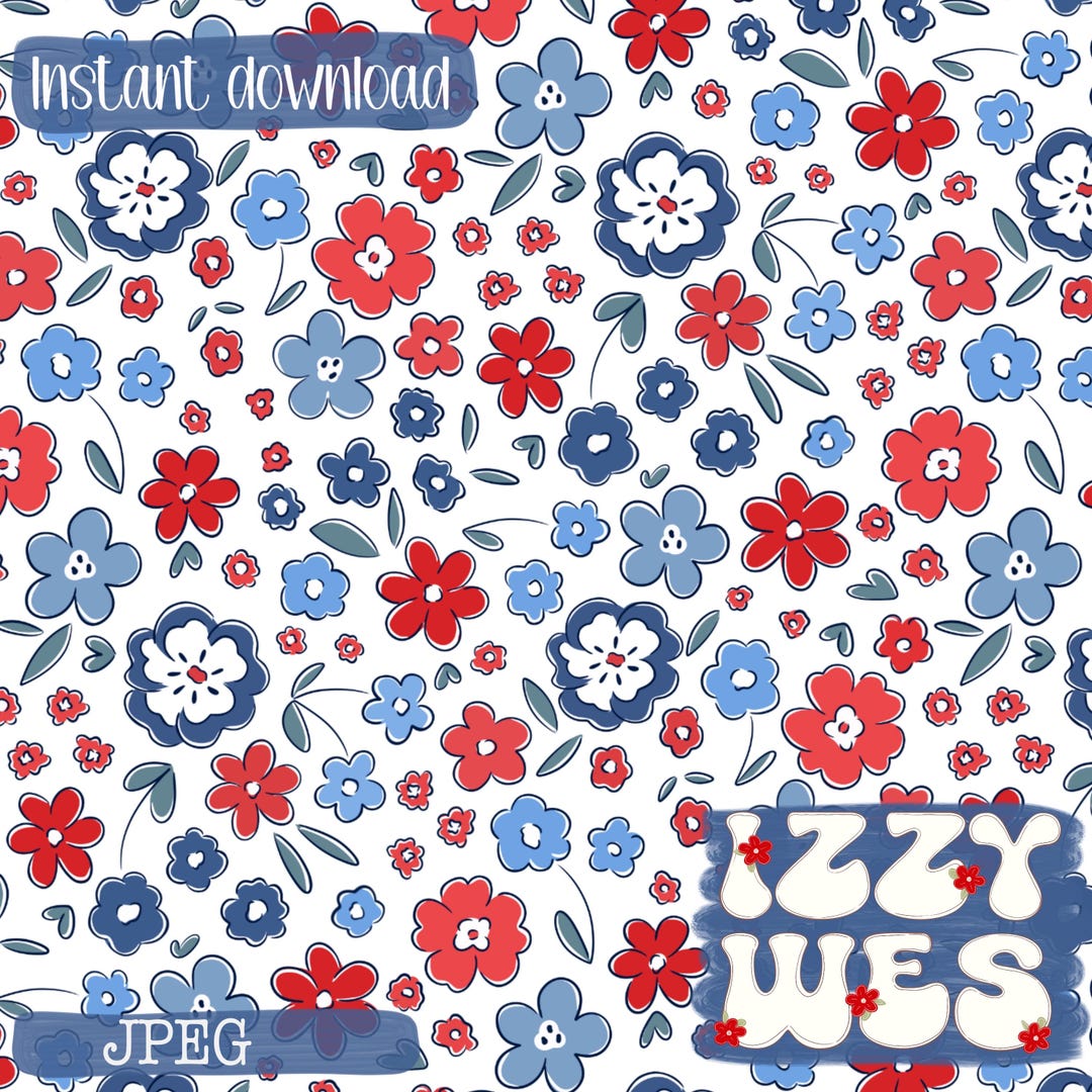 4th of July Floral Red White and Blue USA Hand Drawn Seamless Repeating ...