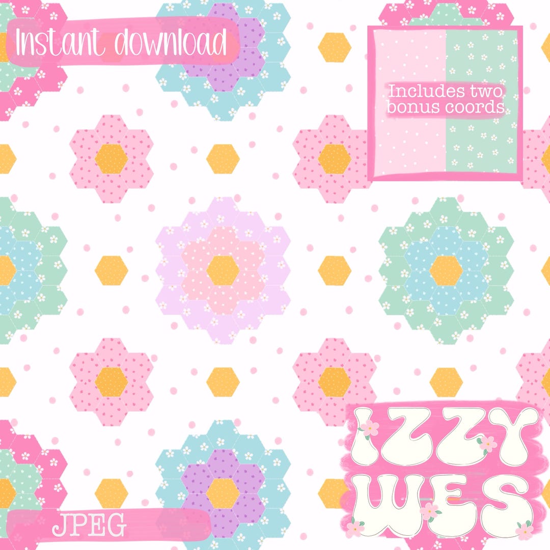 Grandma’s Flower Garden Quilt Pattern With Two Coords | Pastel Hexagon ...