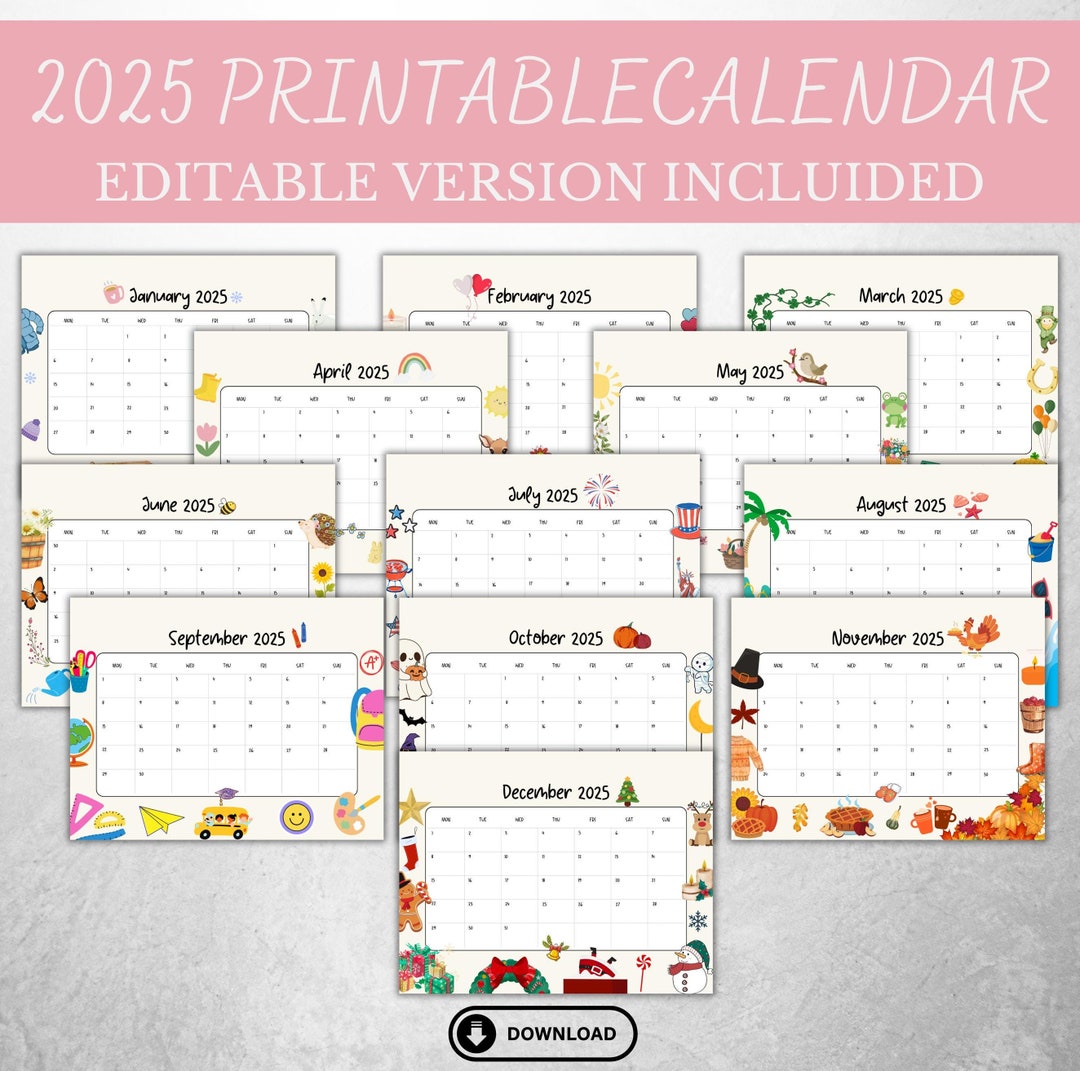 2025 Calendar Printable, Cute Kids Calendar 2025, Wall Calendar PDF ...