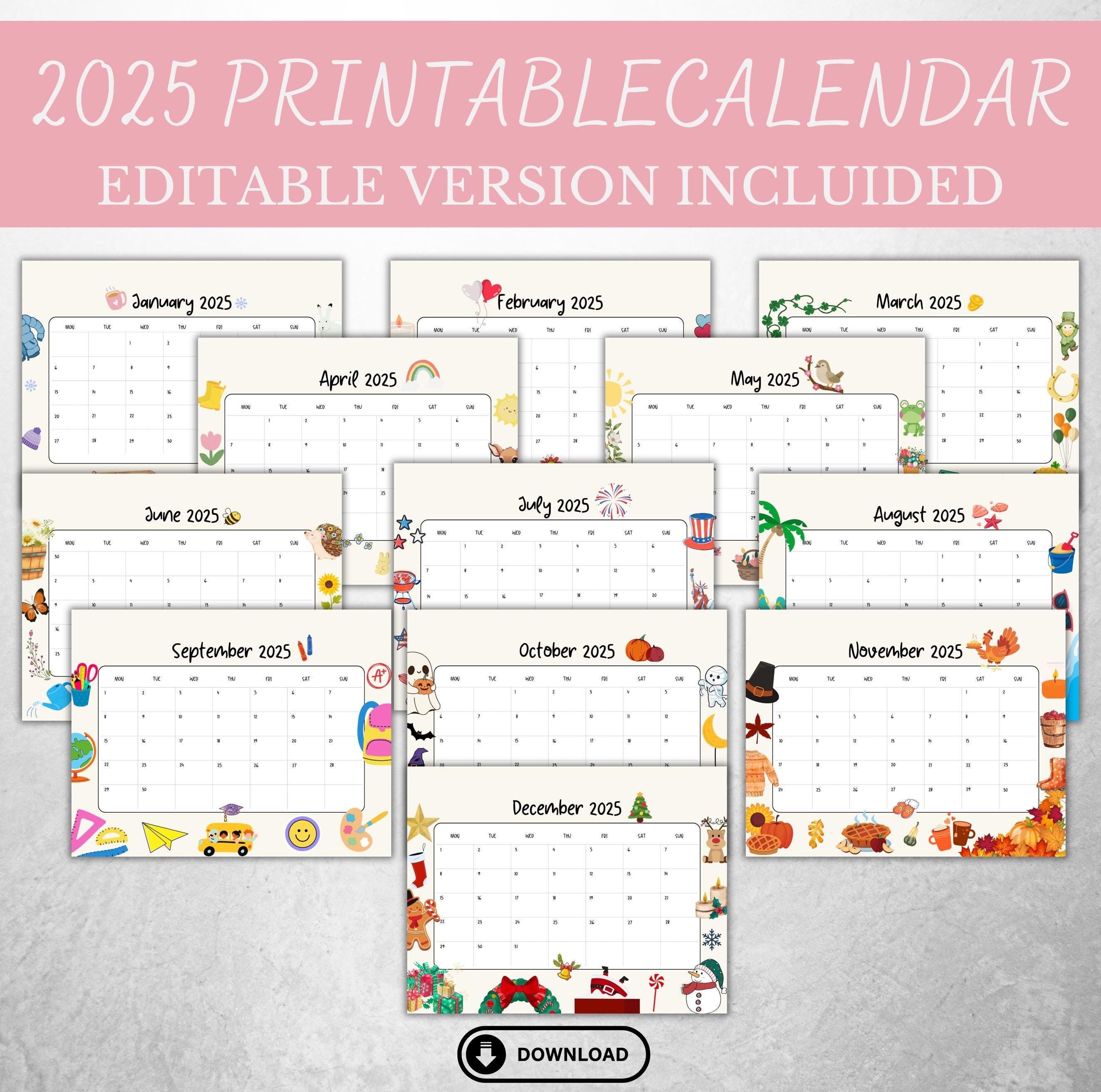 2025 Calendar Printable, Cute Kids Calendar 2025, Wall Calendar PDF ...