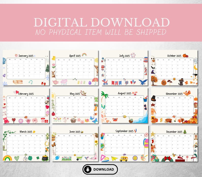 2025 Calendar Printable, Cute Kids Calendar 2025, Wall Calendar PDF ...