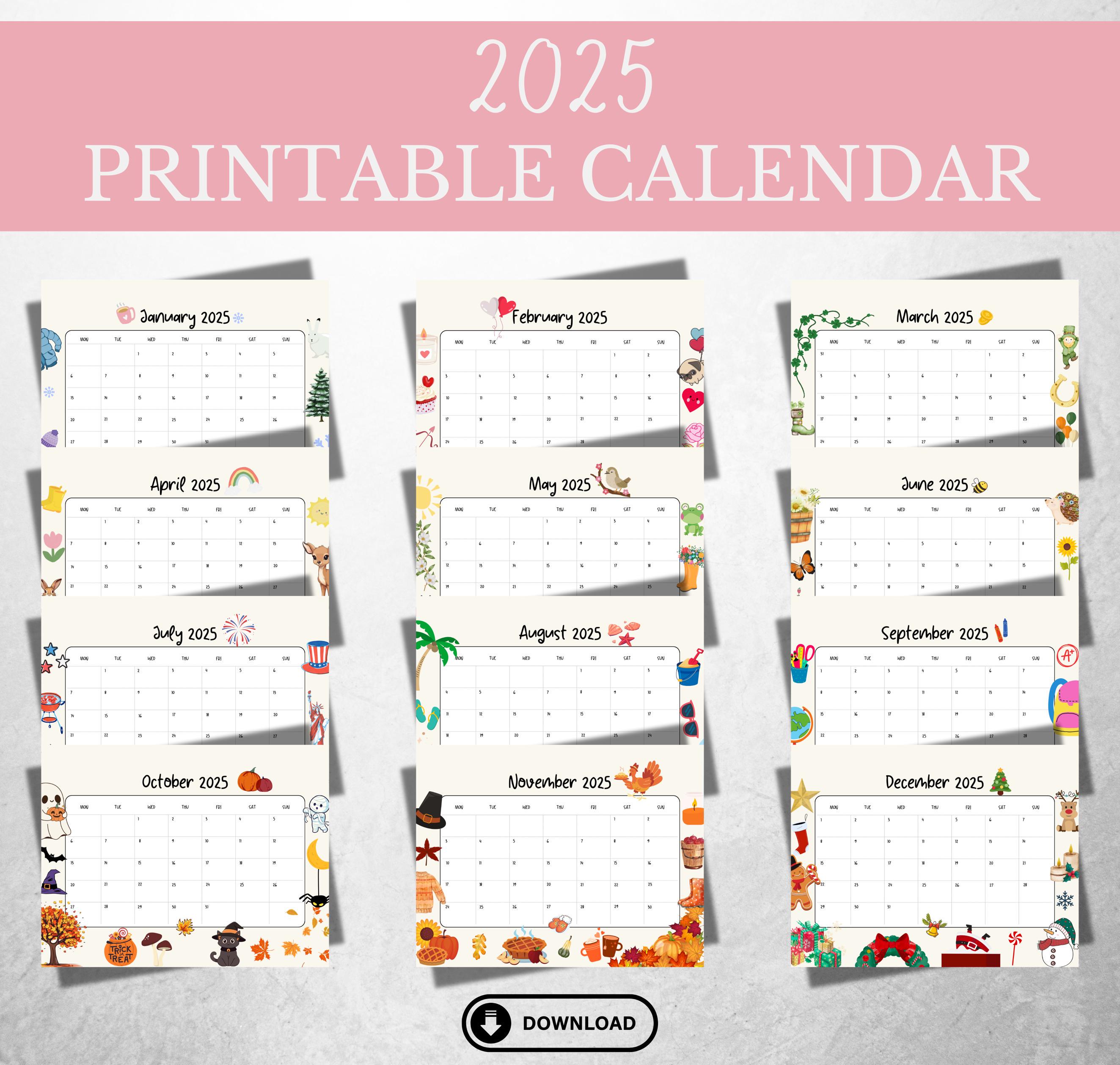 2025 Calendar Printable, Cute Kids Calendar 2025, Wall Calendar PDF ...