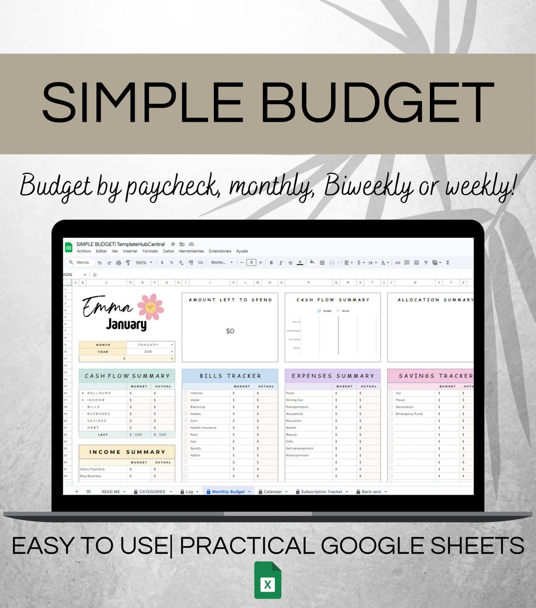 Budget Planner Google Sheet Monthly Budget Spreadsheet Paycheck Budget ...