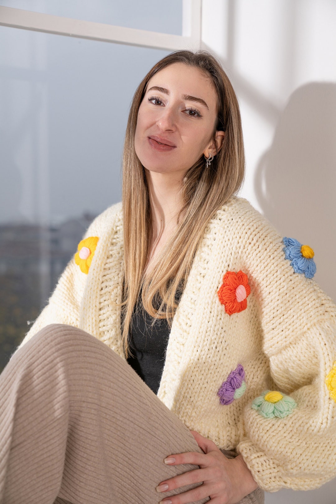 Daisy Jacket, Cozy Daisy Chunky Cardigan-floral Fantasy-chunky Knitwear ...