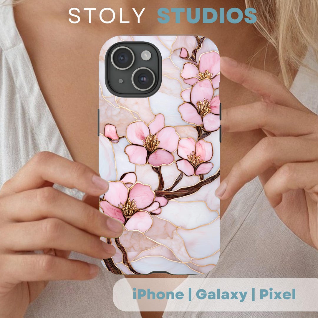 Pink Cherry Blossom Phone Case, Stained Glass Floral Design, Artistic iPhone Case, Protective ...