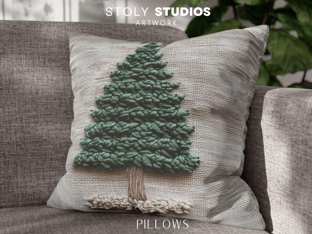 Embroidered Look Christmas Tree Pillow, Holiday Pillow, Printed Canvas ...