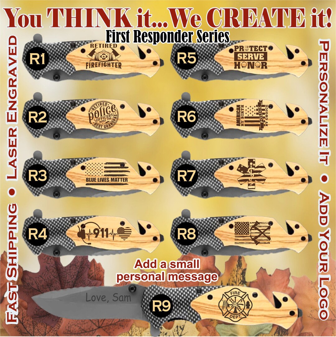 First Responder Series - Laser Engraved Wood Handled X50 Tactical Knife ...