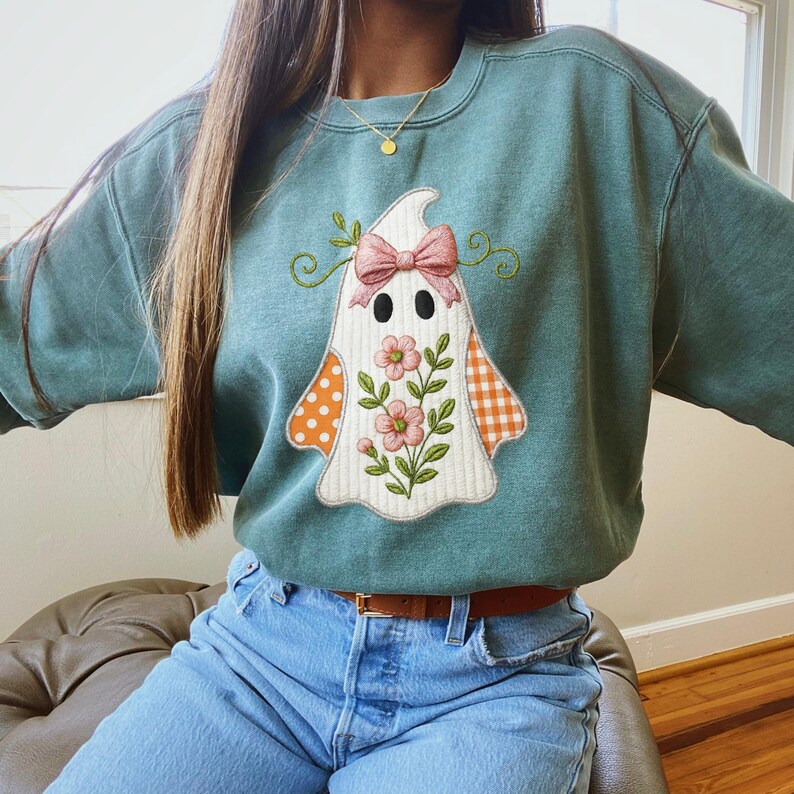 Preppy Faux Embroidery Ghost Png, Floral Ghost Png, Fall Ghost Png ...