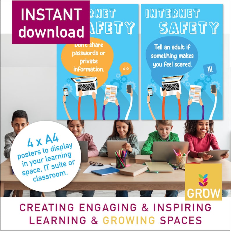 4 X Internet Safety Posters Safe Computer Device Rules Posters for Teachers Student Pupil Safety ...