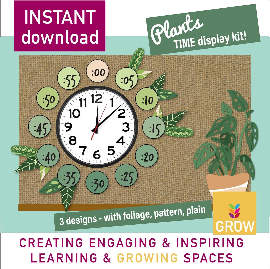 Plants Classroom Clock Display | Boho Bulletin Board Kit (digital) - Etsy
