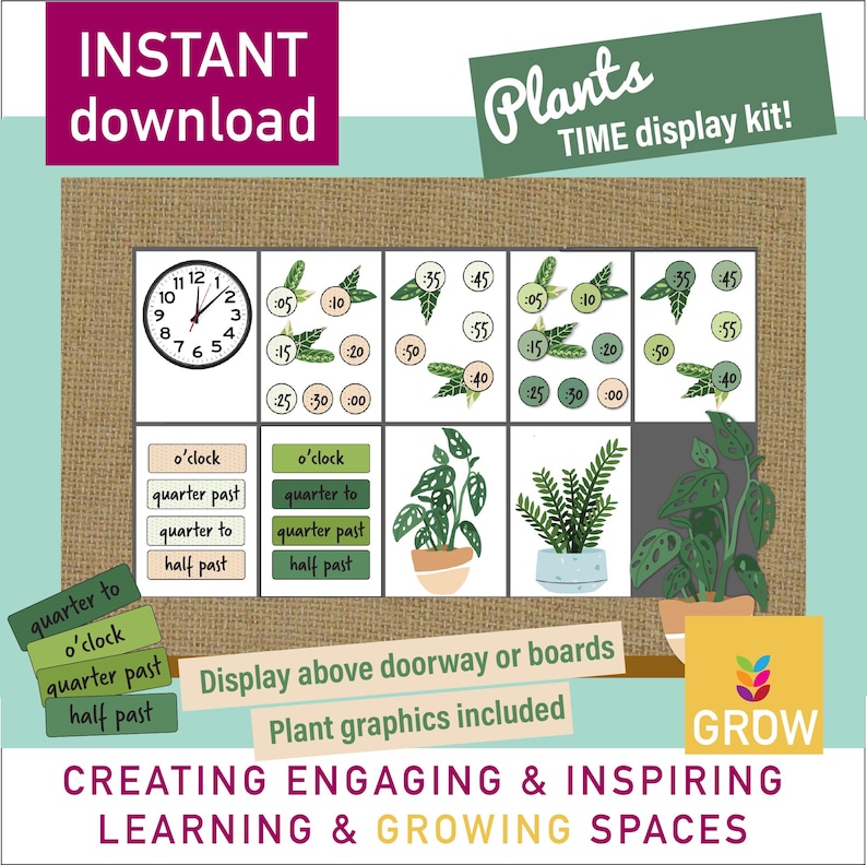 Plants Classroom Clock Display | Boho Bulletin Board Kit (digital) - Etsy