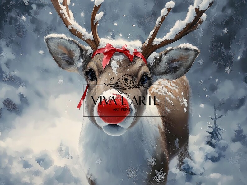 Cute Reindeer With Red Nose and Bow Horizontal Painting | Digital ...