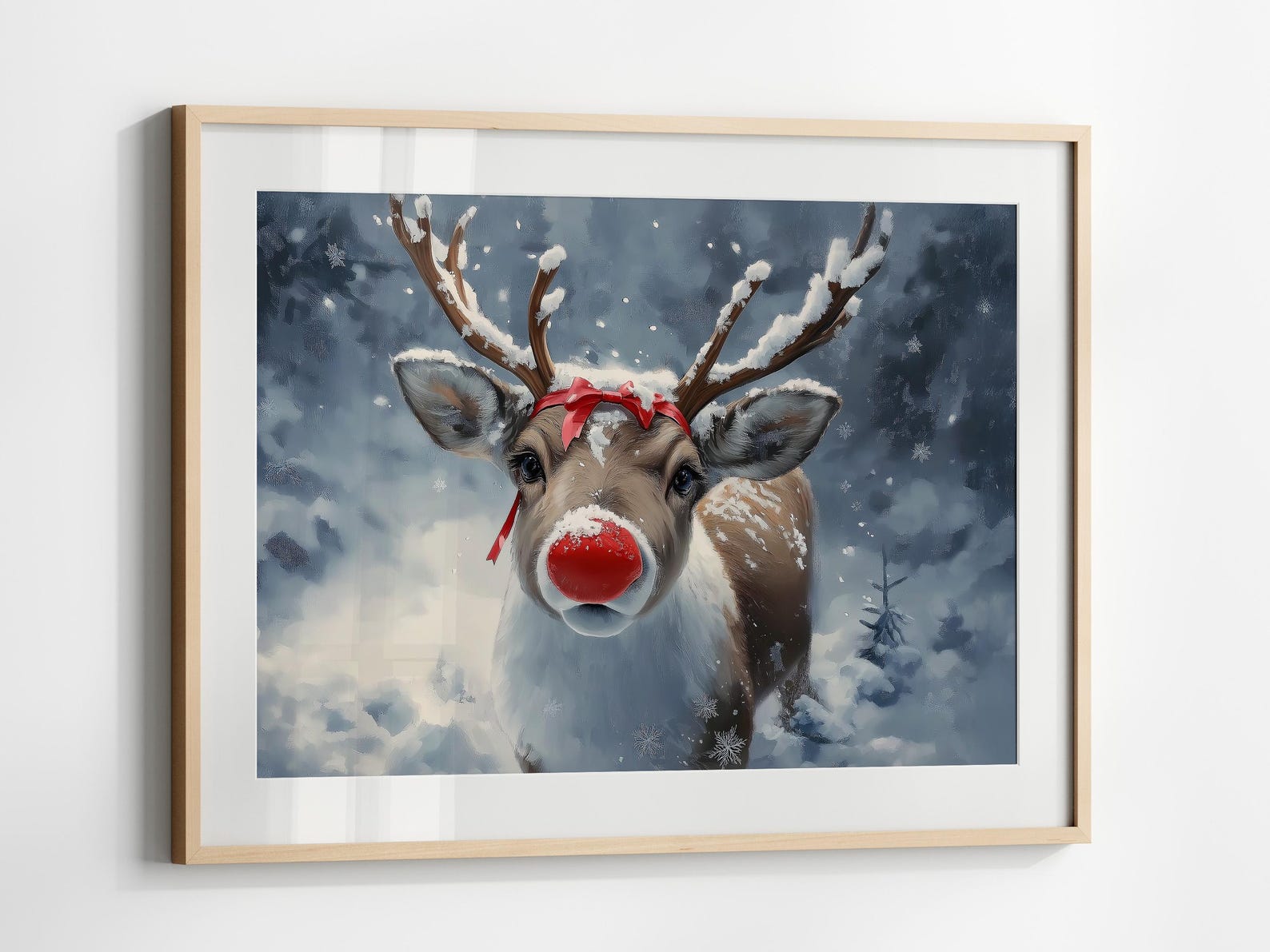 Cute Reindeer With Red Nose and Bow Horizontal Painting | Digital ...