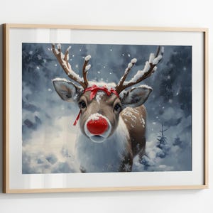 Cute Reindeer With Red Nose and Bow Horizontal Painting | Digital ...