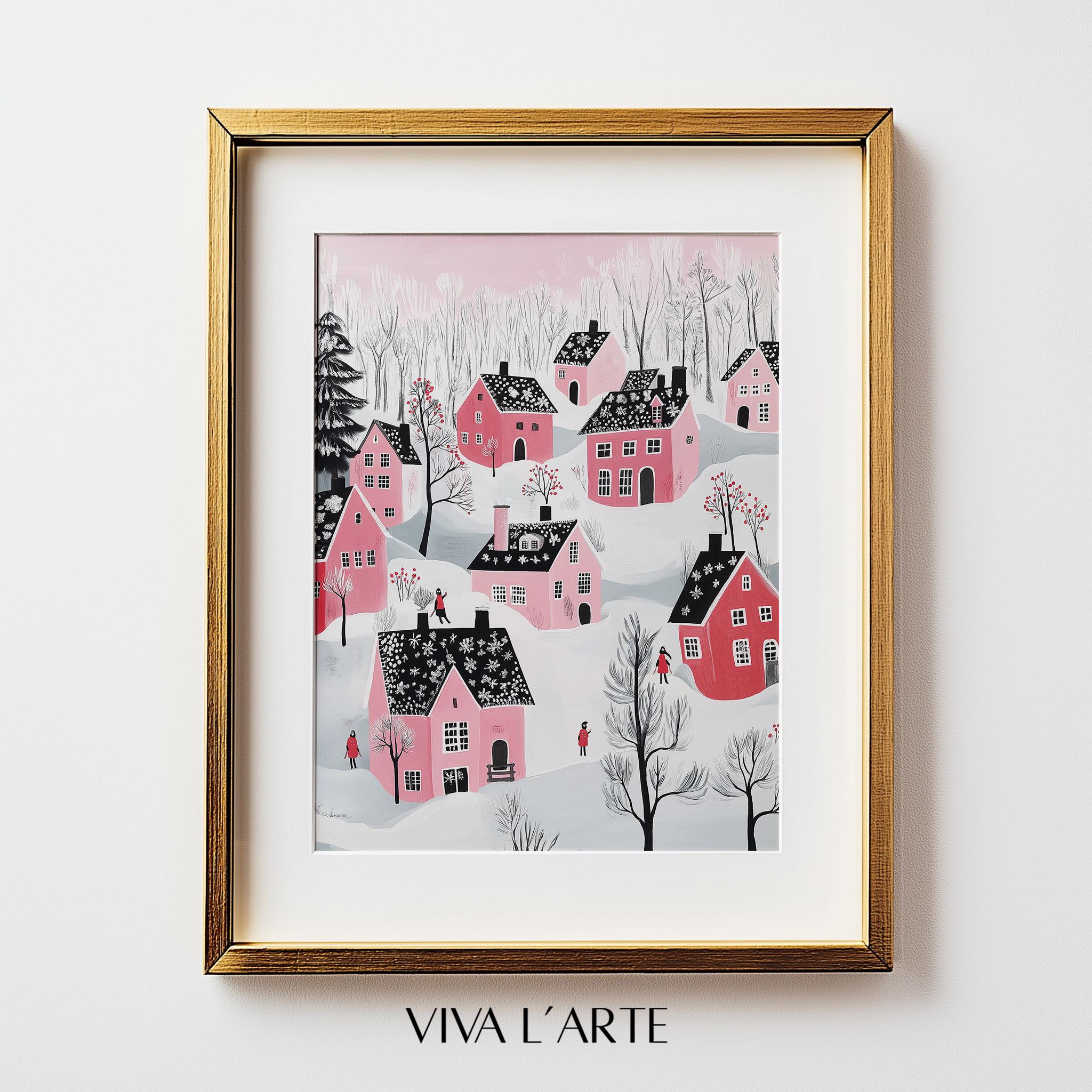 Pink Houses in a Snowy Valley Pastel Winter Decor Preppy Poster Digital ...