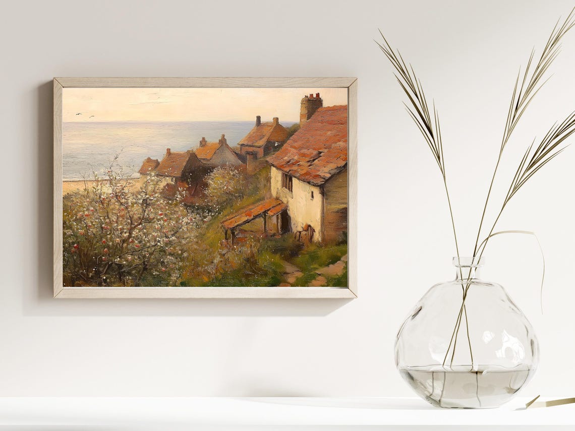 Printable Vintage Landscape Vintage Warm Tone Coastal Painting Moody ...