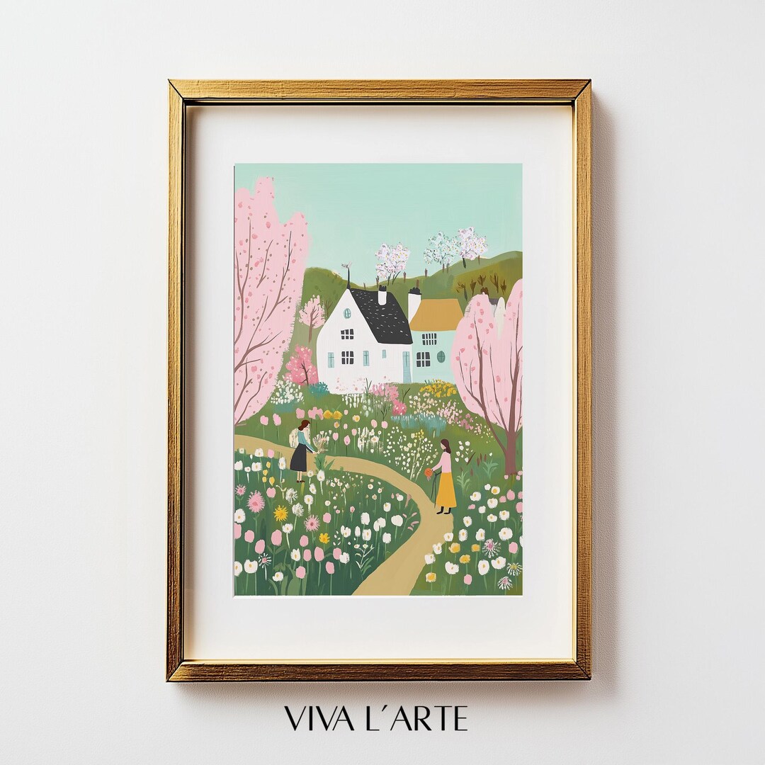 Spring Countryside Art Print, Vintage Village Illustration, Whimsical ...