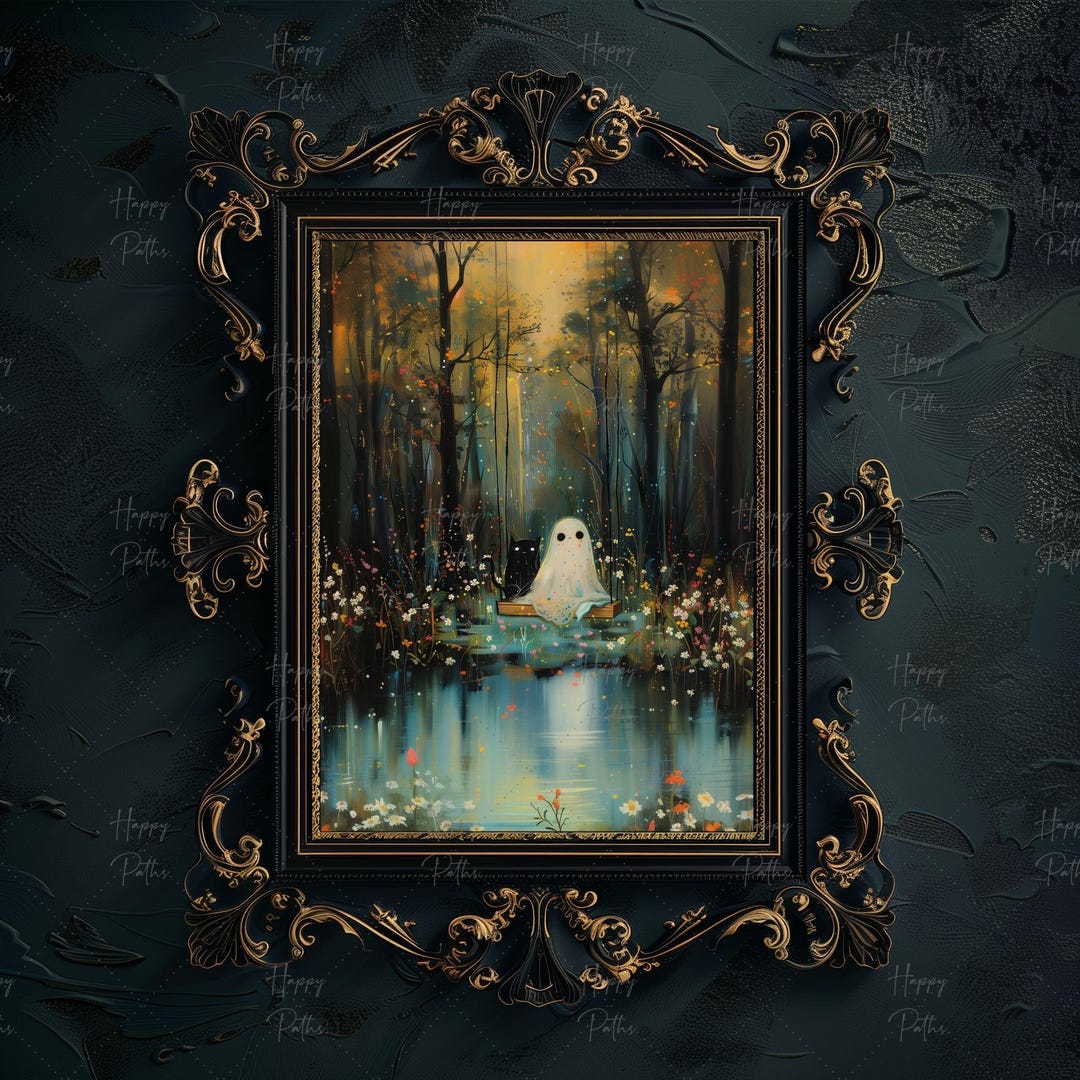 Ghost With Cat Wall Art Cute Ghost on Swing With Wildflowers Print ...
